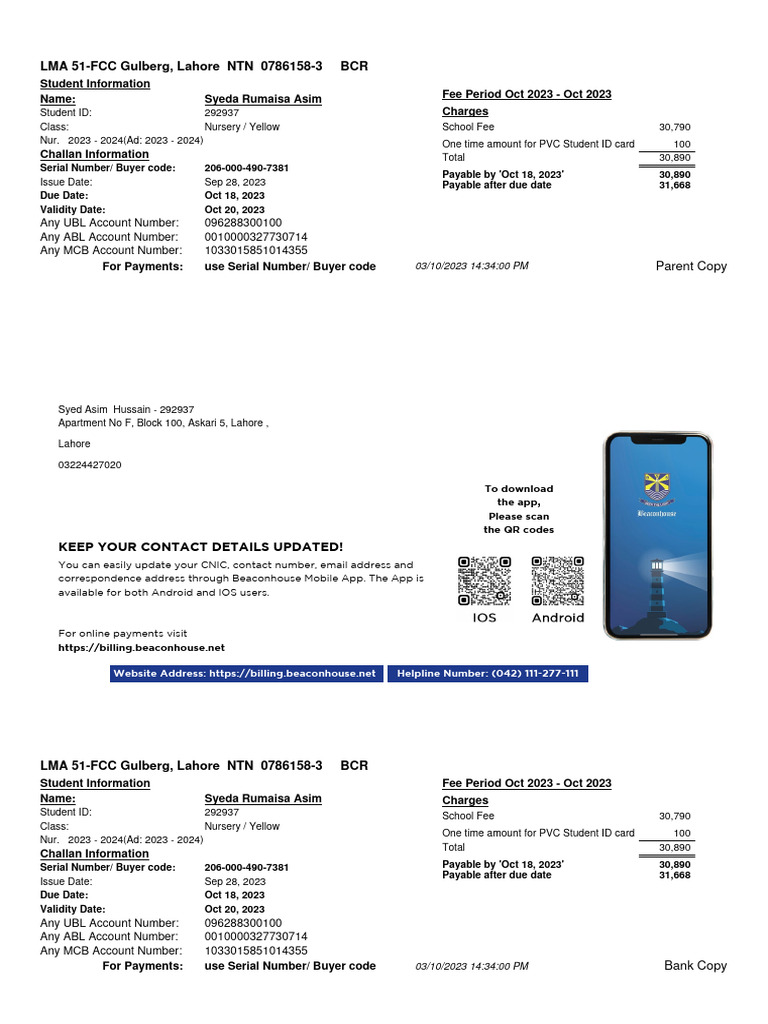 LMA 51-FCC Gulberg, Lahore NTN 0786158-3 BCR | PDF | Mobile Software | Smart Devices