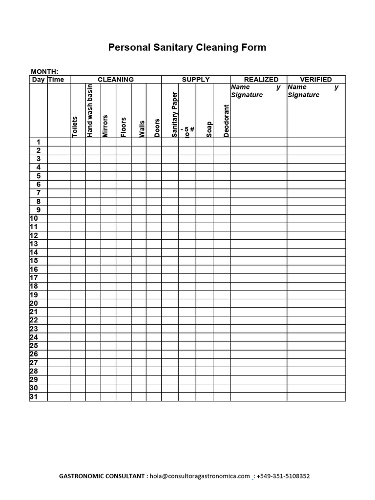 Sanitary Cleaning Control Sheet | PDF | Toilet | Plumbing