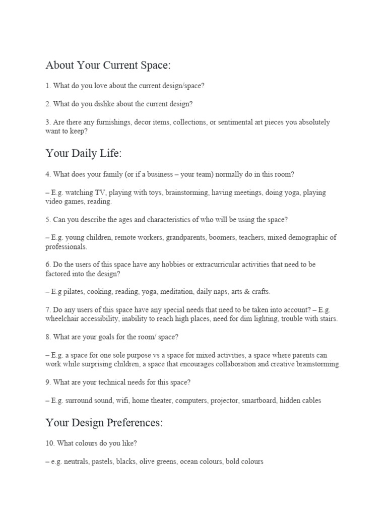 Client Interior Design Questionnaire | PDF