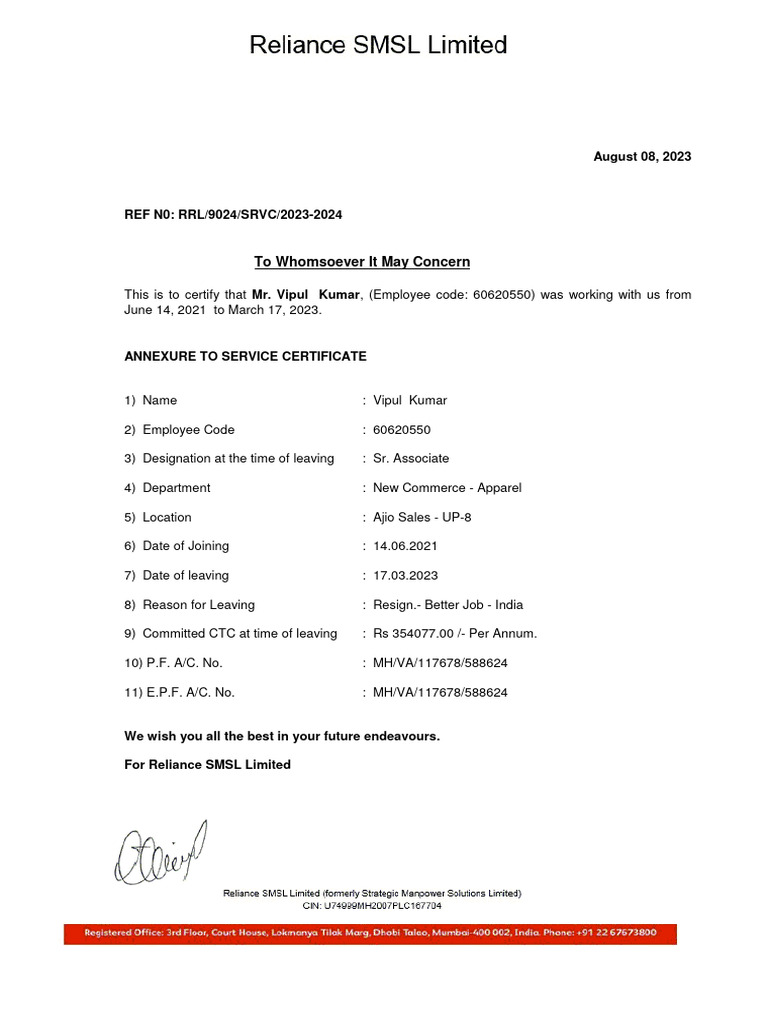 Service Certificate-60620550 Vipul | PDF