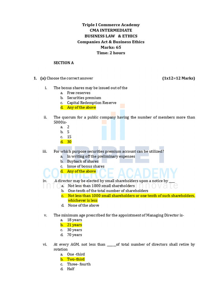 16.06.23 CMA Inter (Law) (Section C&D) (With Ans) | PDF | Share Repurchase | Securities (Finance)