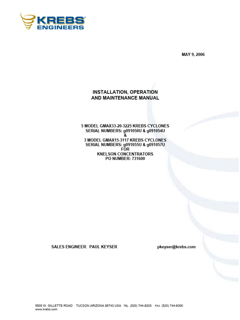 Knelson Concentrators gMAX Cyclone IOM Manual - Krebs | PDF