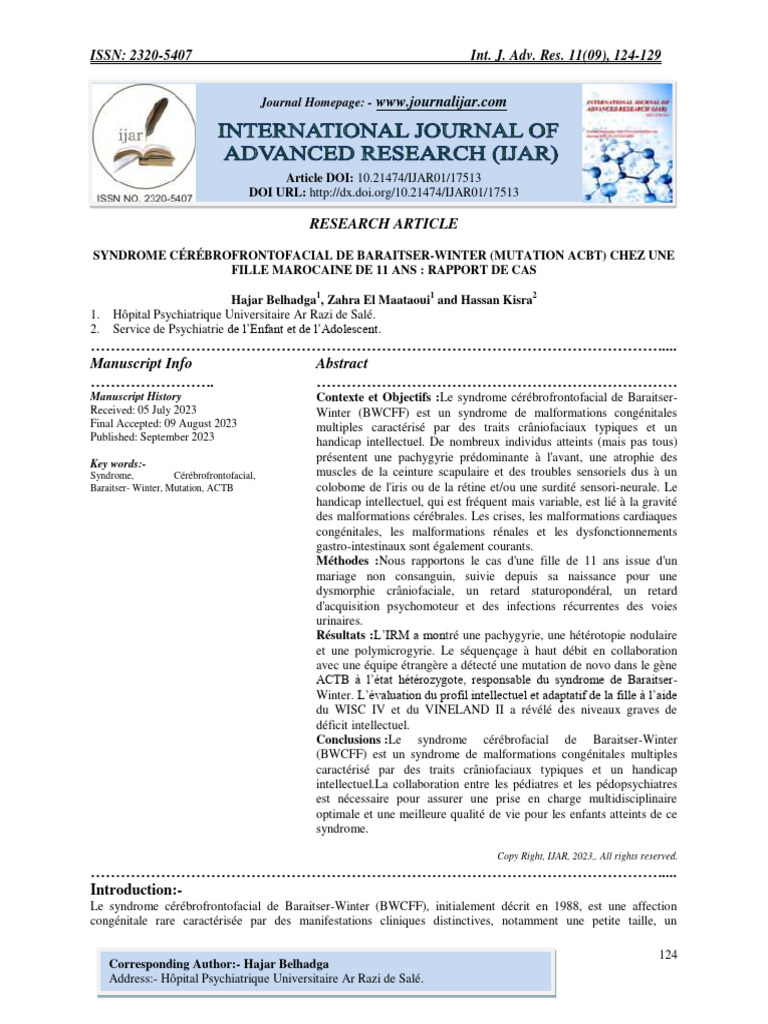 Syndrome Cerebrofrontofacial de Baraitser-Winter (Mutation Acbt) Chez Une Fille Marocaine de 11 ...