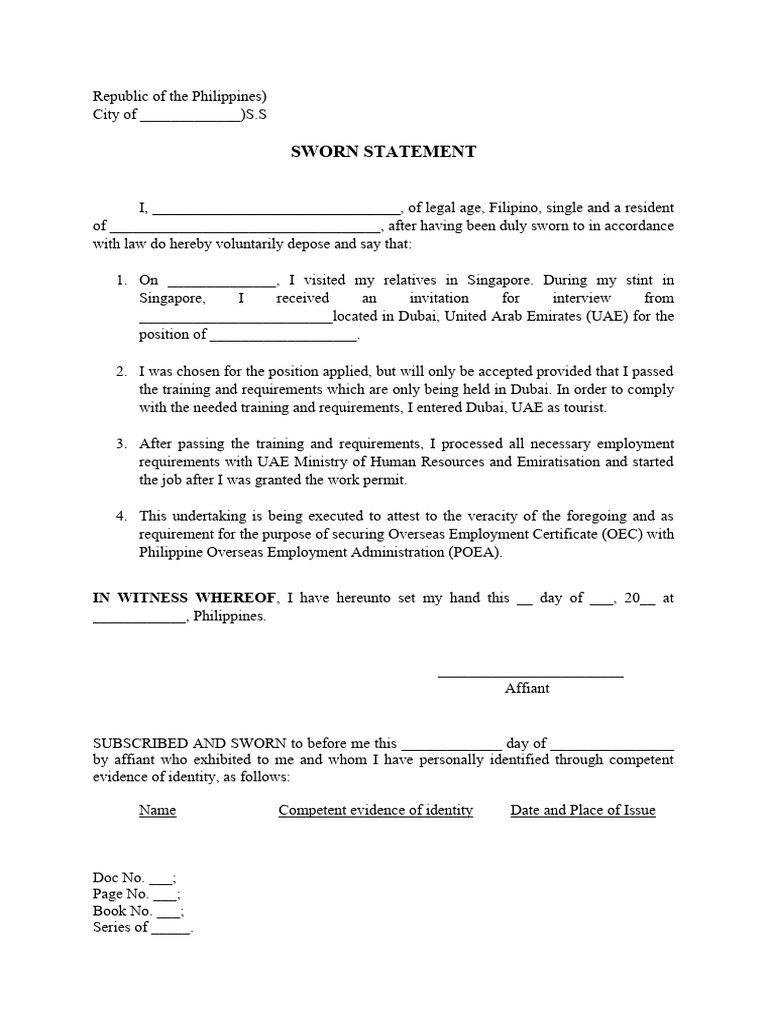 SWORN STATEMENT For OFW | PDF
