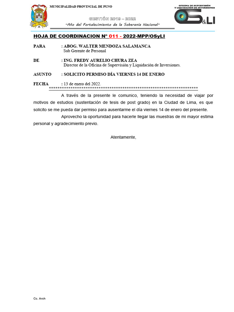 HOJA DE COORD. #011-2022 Solicito Permiso Dia 14 | PDF