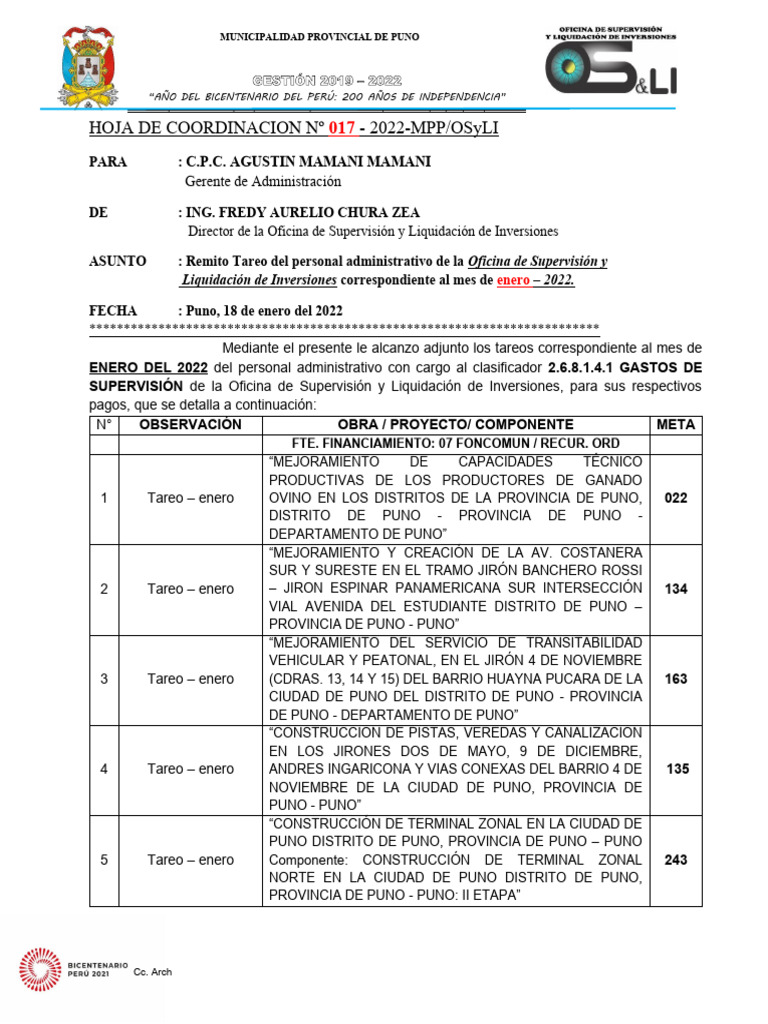 Tareo Personal Administrativo Puno 2022 | PDF