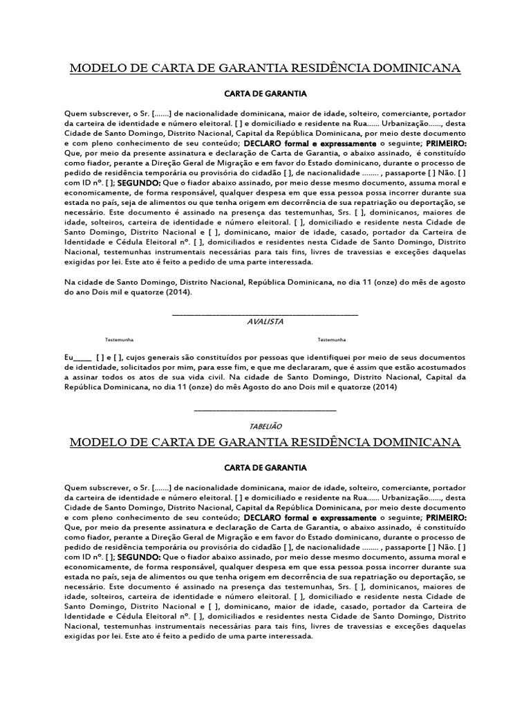 Modelo de carta de garantia de residência dominicana | PDF | Passaporte ...