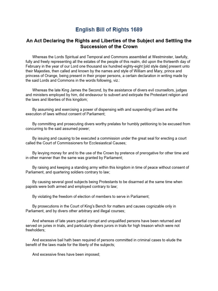 English Bill of Rights 1689 Summary | PDF
