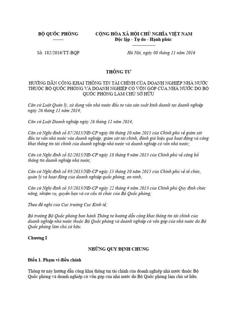 Thong Tu 182 - 2016 - TT-BQP Cong Khai Thong Tin DN Quoc Phong | PDF