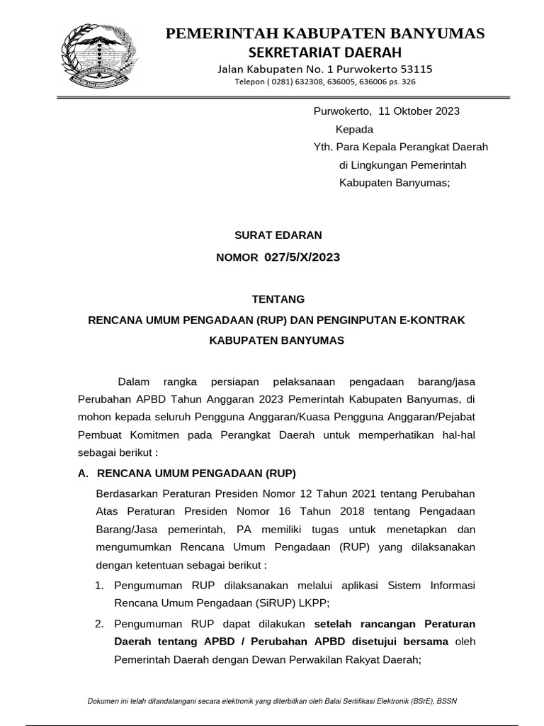 Surat Edaran Tentang (RUP) Dan Penginputan E-Kontrak | PDF