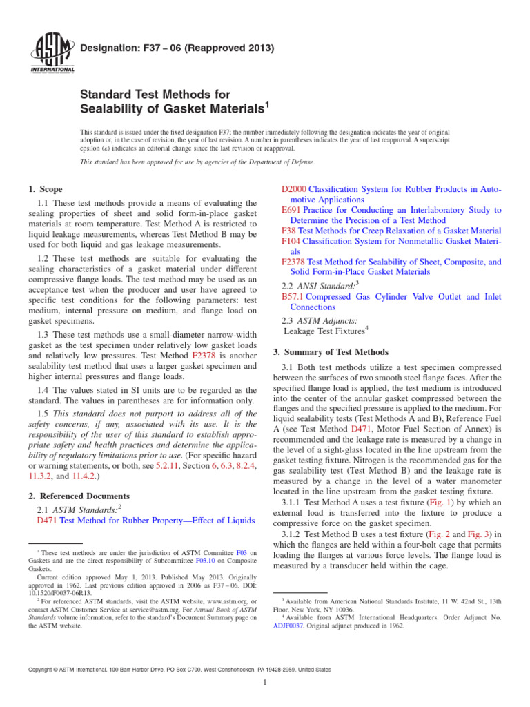 ASTM F37-06 (2013) - Standard Test Methods For Sealability of Gasket ...