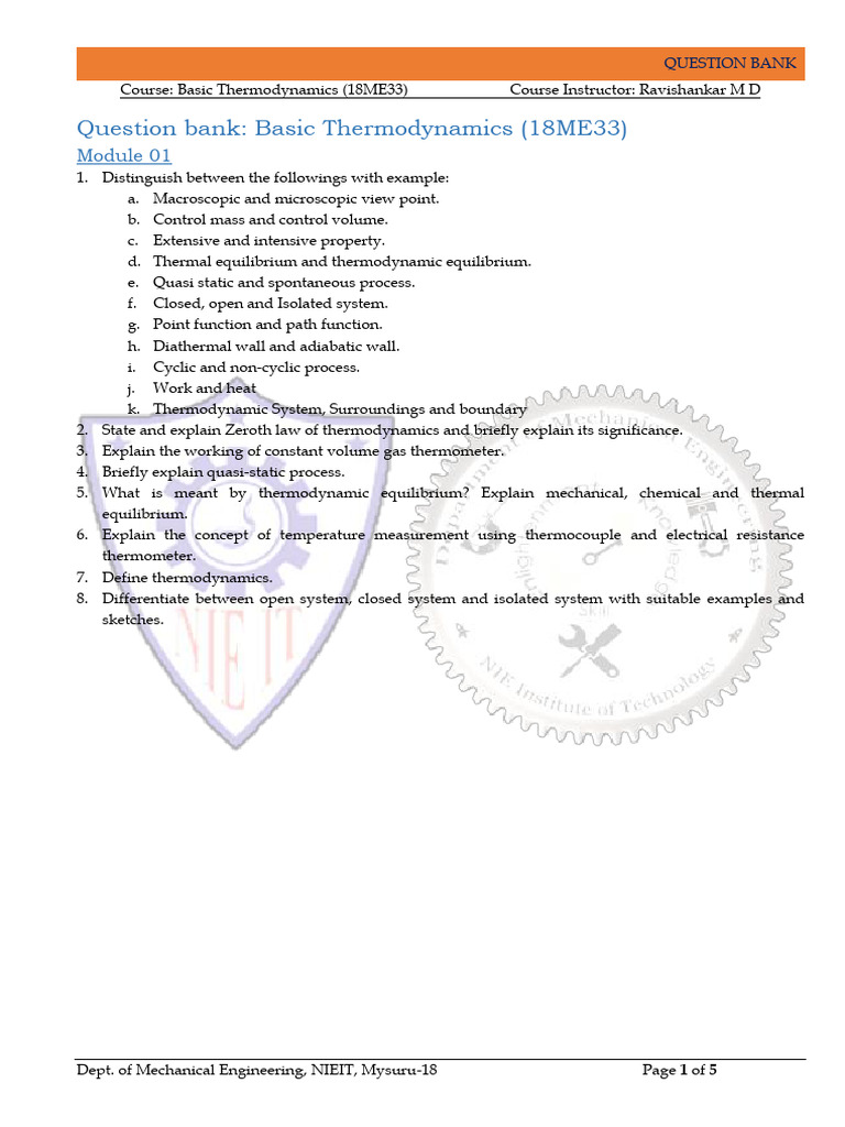 BTD Question Bank (18ME33) | PDF | Heat | Gases