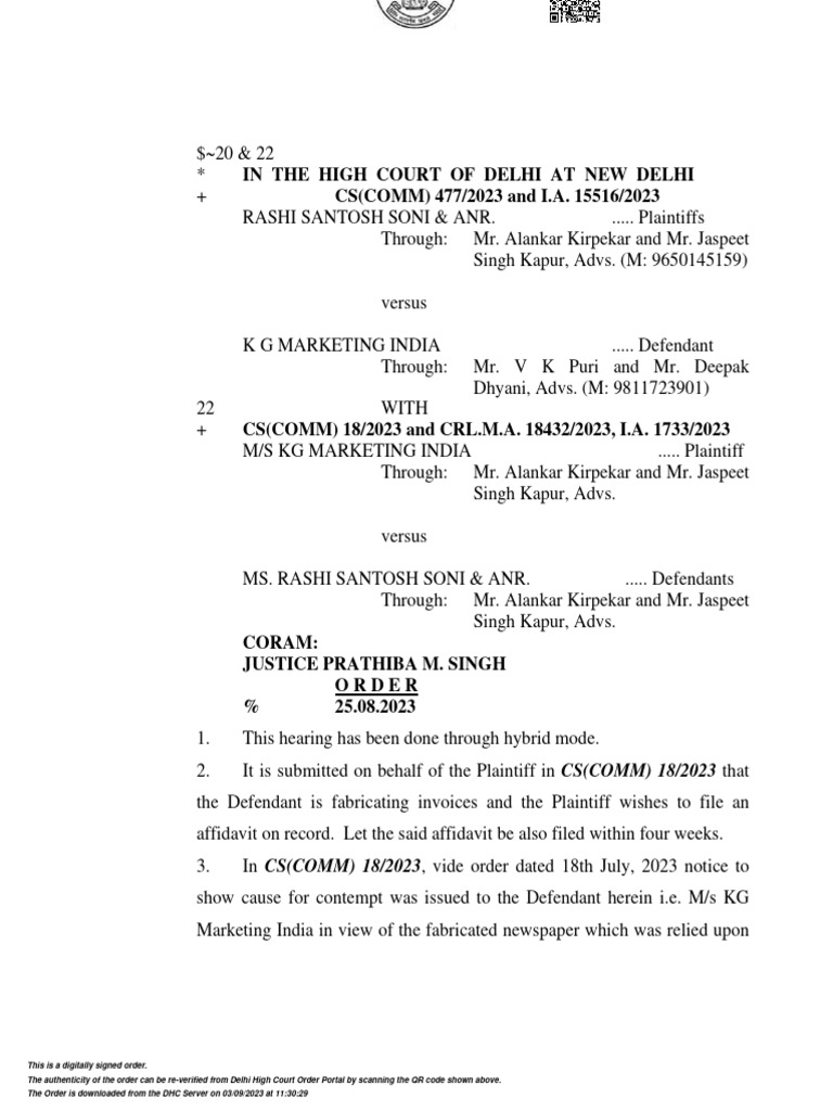 In The High Court of Delhi at New Delhi CS (COMM) 477/2023 and I.A. 15516/2023 | PDF | Public ...