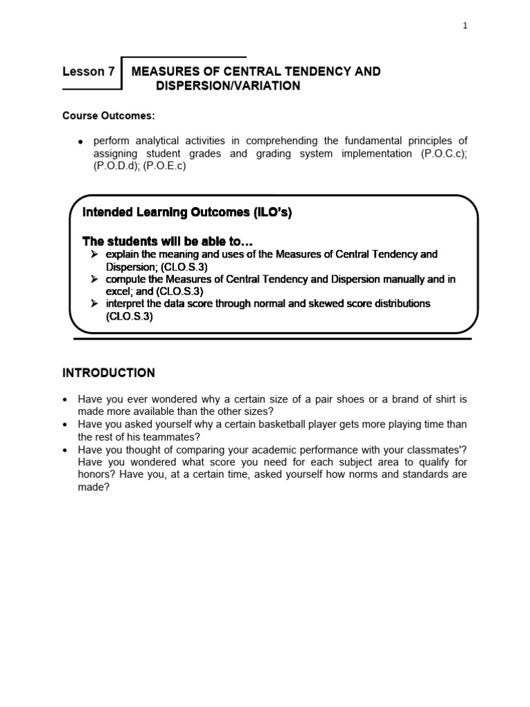 Lesson 7 Measures of Central Tendency and Variability 2 | PDF ...