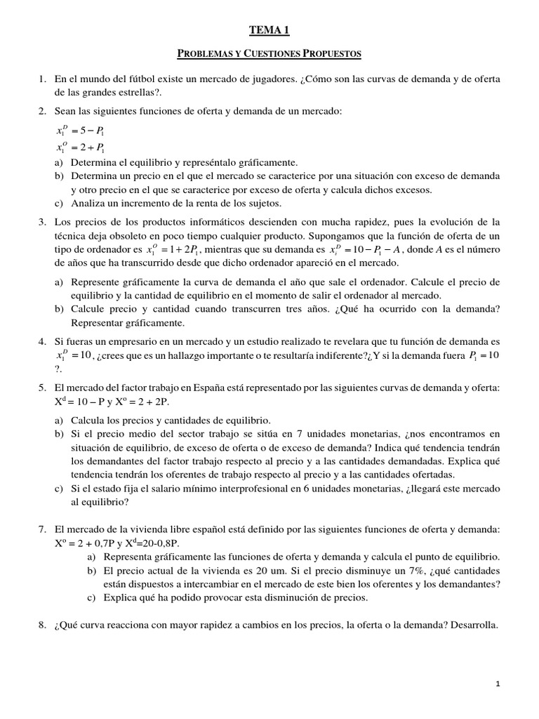 Lista de Problemas Tema 1 | PDF | Oferta (economía) | Oferta y demanda