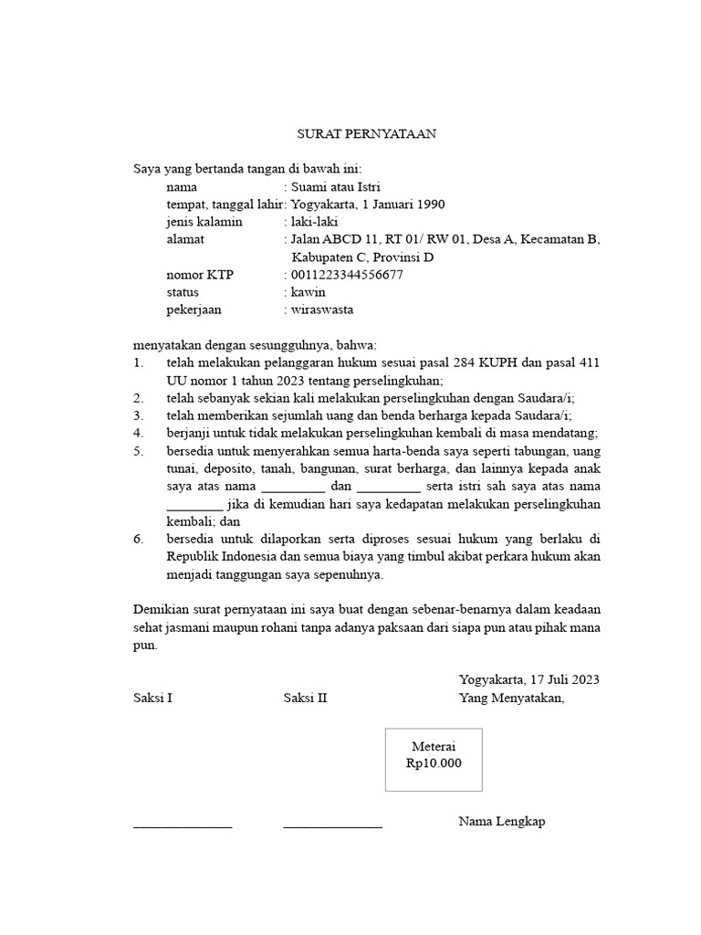 Surat Pernyataan Tidak Selingkuh | PDF | Hukum