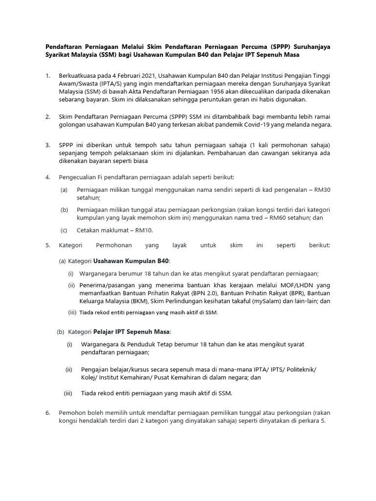 Panduan Skim Pendaftaran Perniagaan Percuma (SPPP) | PDF