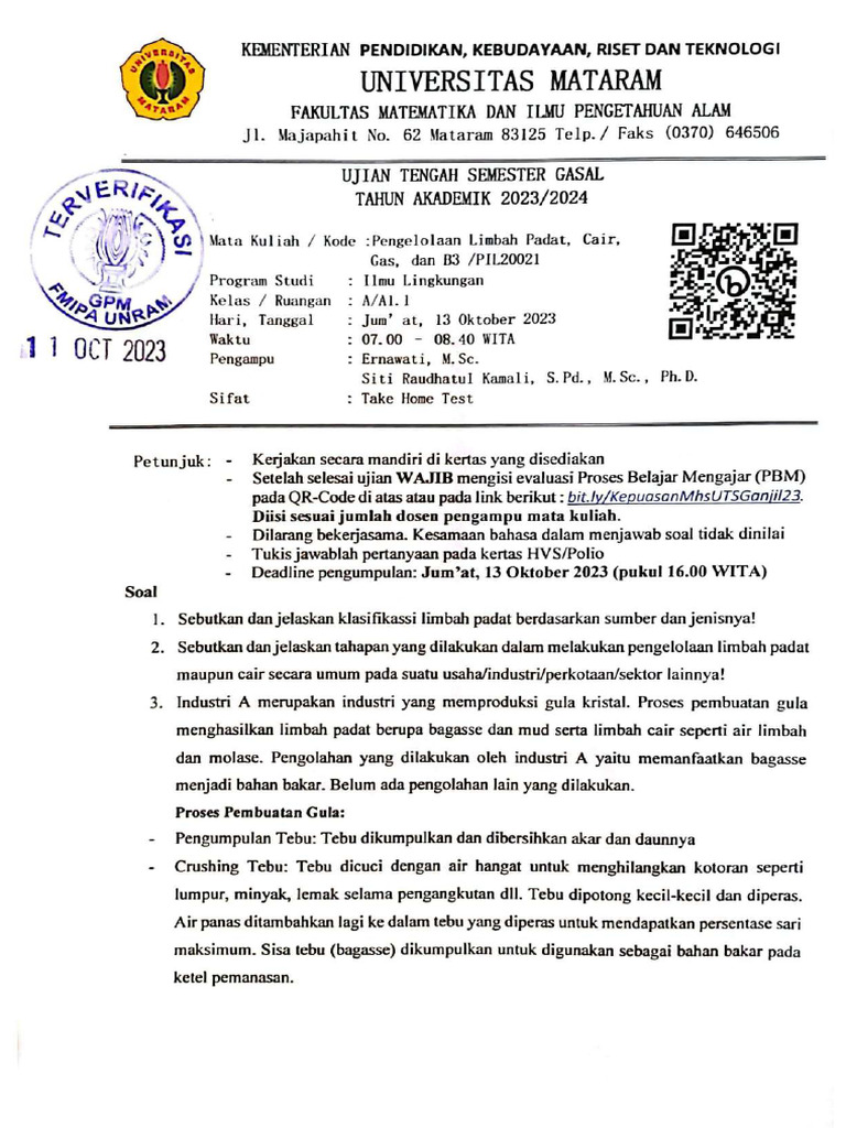Soal UTS Pengelolaan Limbah PCG&B3 | PDF