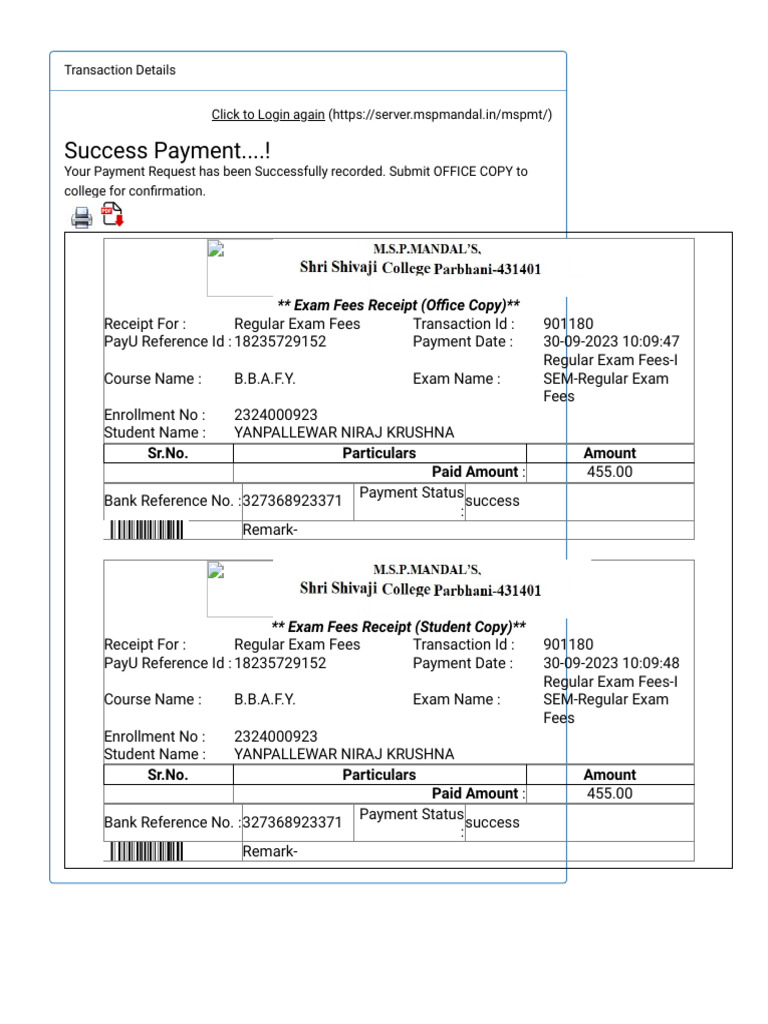 Exam Fees Payment Receipt | PDF