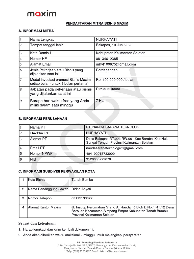 Formulir Mitra Maxim PT NANDA SARANA TEKNOLOGI | PDF