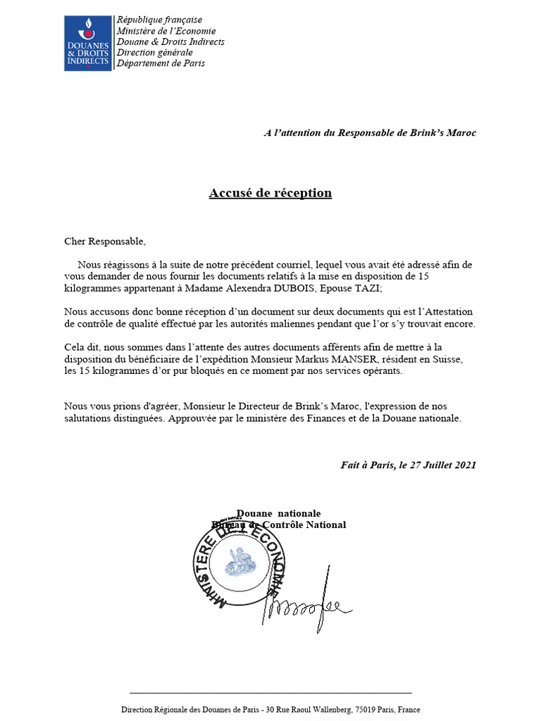 Accusé de Réception - Douane - FRA | PDF