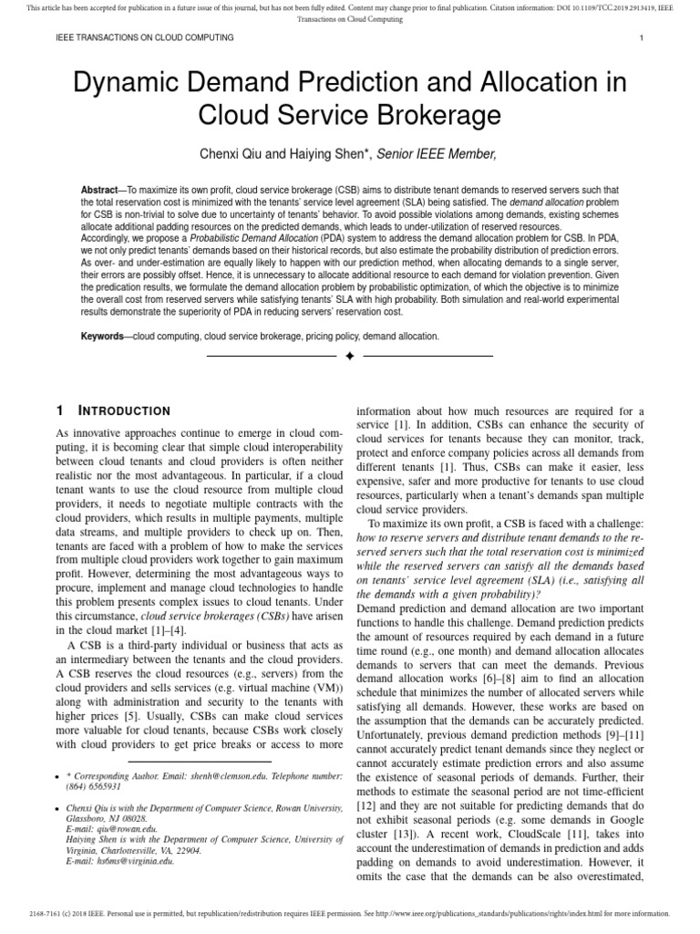Dynamic Demand Prediction And Allocation In Cloud Service Brokerage Download Free Pdf Cloud 