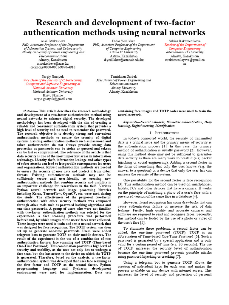 Neural Network Two-Factor Authentication | PDF | Authentication | Password