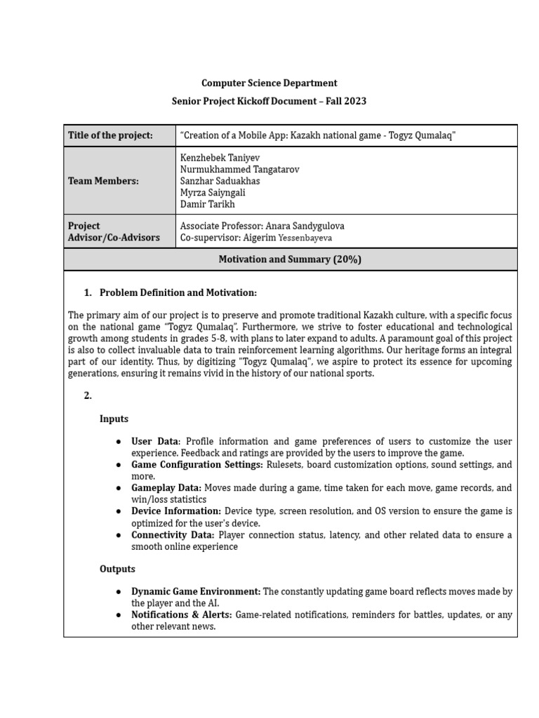 Kickoff Document TogyzQumalaq | PDF | Usability | Artificial Intelligence