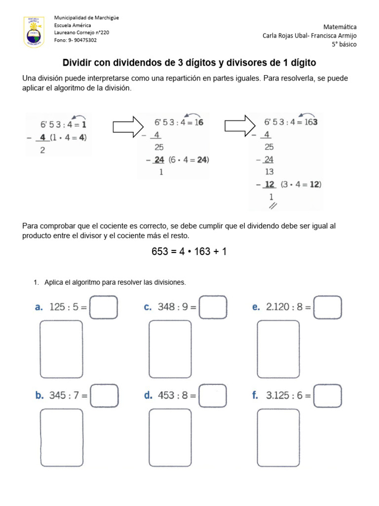 Dividir Con Dividendos de 3 Dígitos y Divisores de 1 Dígito | PDF