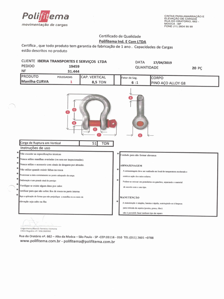 MANILHA 1'POLEG. NF.31444 FORN. POLIFITEMA | PDF