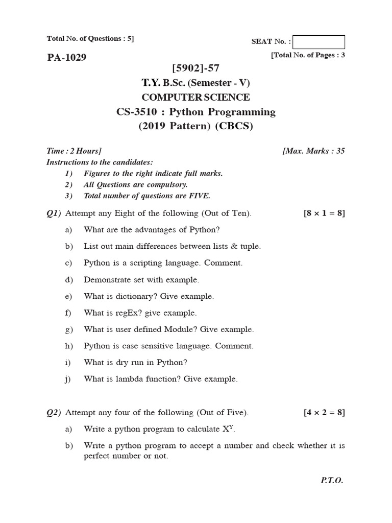 Python University Question Paper | PDF | Python (Programming Language ... Python University Question Paper | PDF | Python (Programming Language ...
