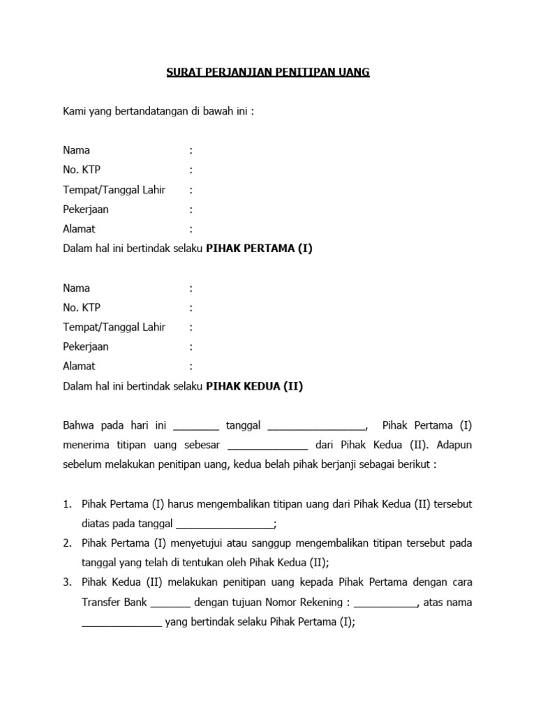 Surat Perjanjian Penitipan Uang Pdf