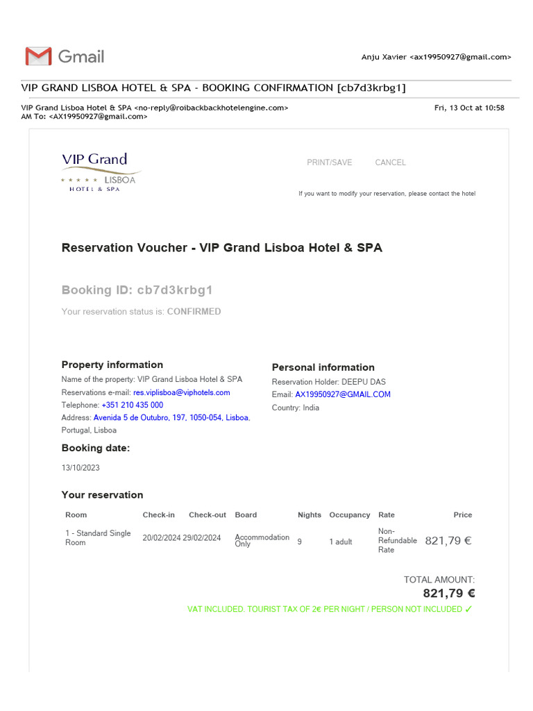 Vip Grand Lisboa Hotel & Spa - Booking Confirmation (Cb7d3krbg1) | PDF ...