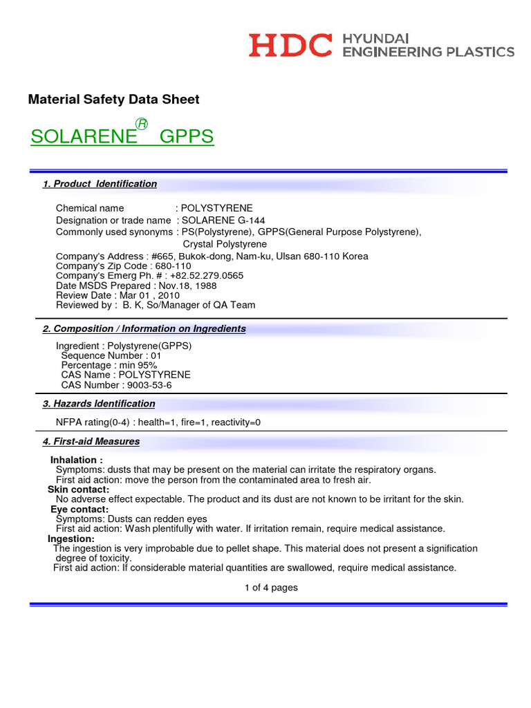 Solareene GPPS Safety Data Sheet | PDF | Water | Polystyrene