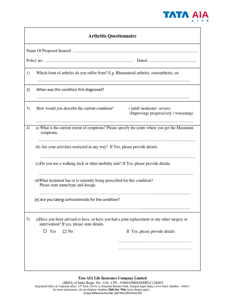 Arthritis Questionnaire | Download Free PDF | Osteoarthritis | Clinical ...
