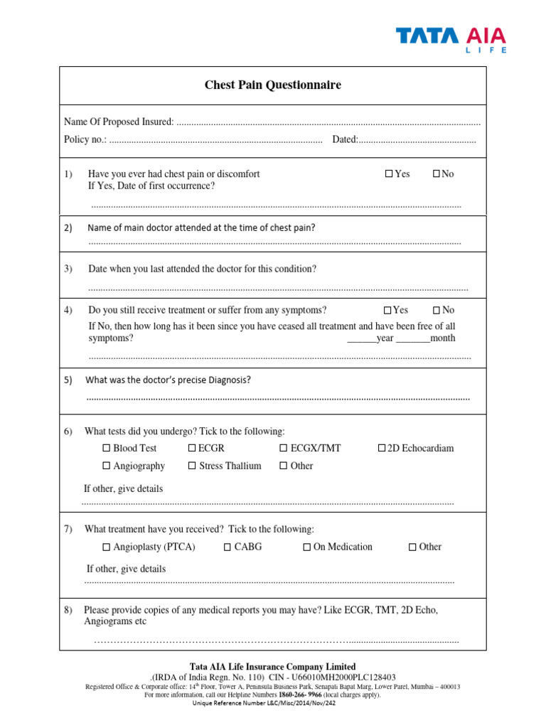Chest Pain Questionnaire | PDF