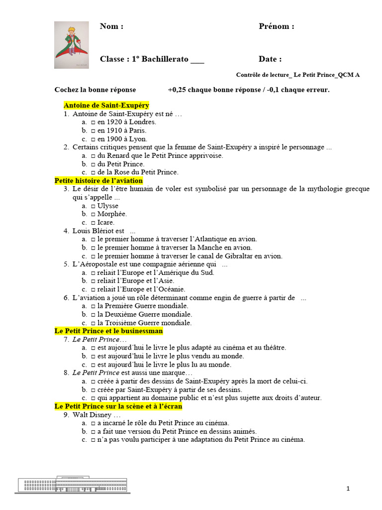 QCM sur Le Petit Prince pour 6ème | PDF