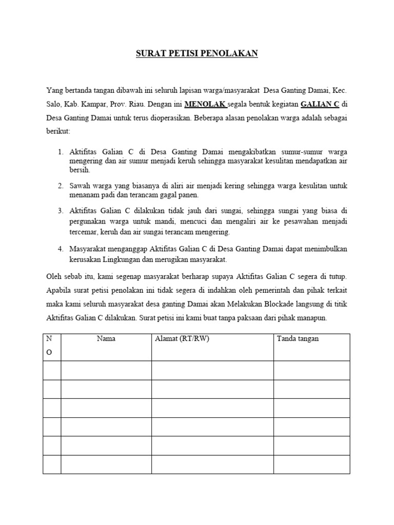 Petisi Penolakan Galian C Desa Ganting | PDF | Sains & Matematika ...