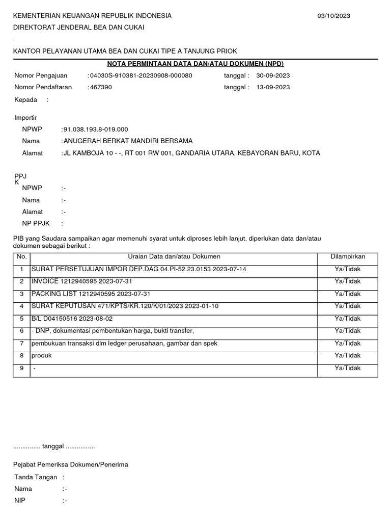 Nota Permintaan Data Dan/Atau Dokumen (NPD) | PDF