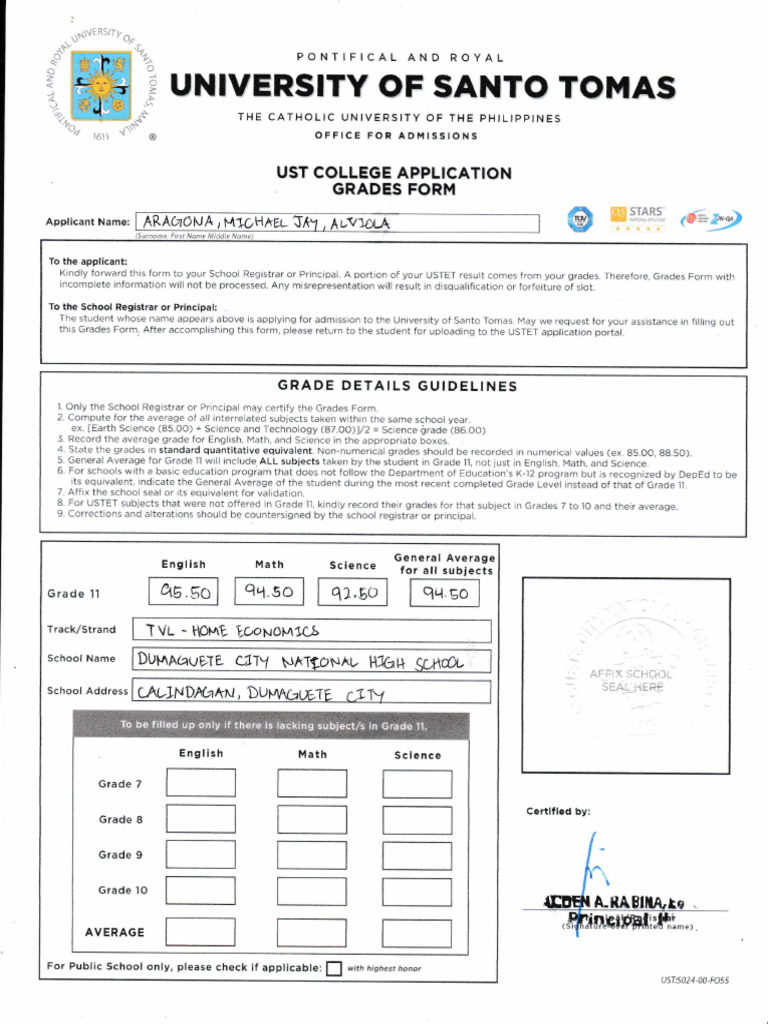 Michael UST College Application Grades Form | PDF