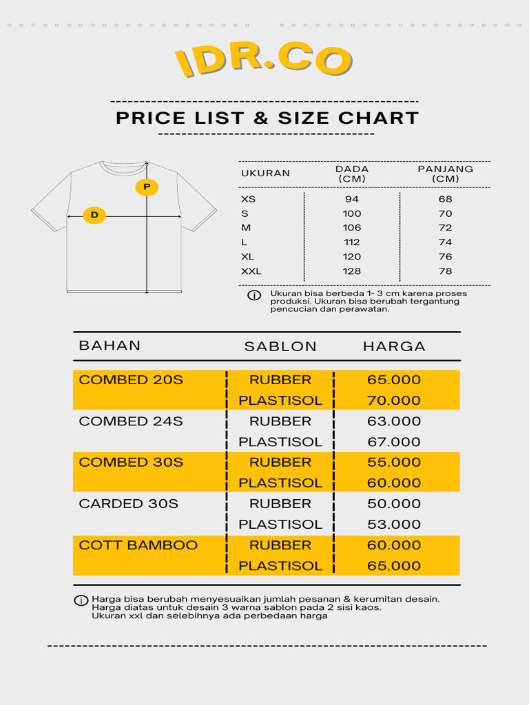 Price list & Size chart IDR.CO | PDF