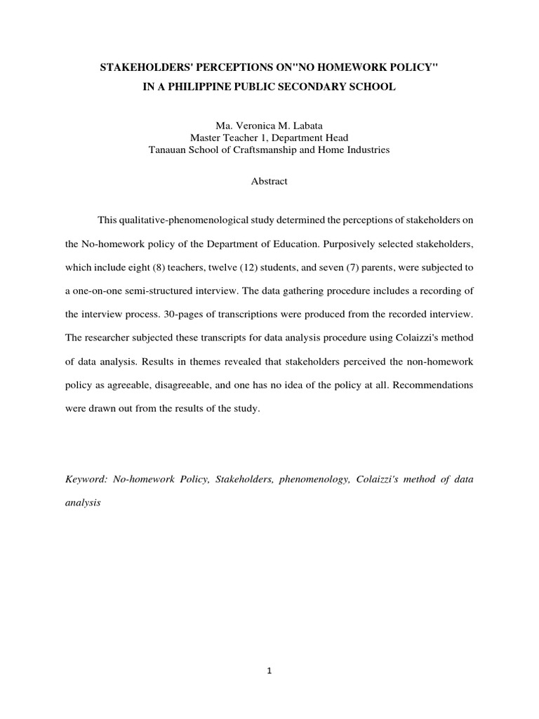 Stakeholders' Views on No Homework Policy | PDF | Self Efficacy | Teachers