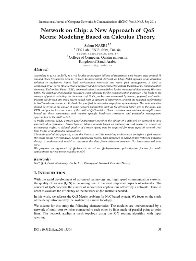 Network On Chip A New Approach Of Qos Metric Modeling Based On Calculus Theory Pdf Quality