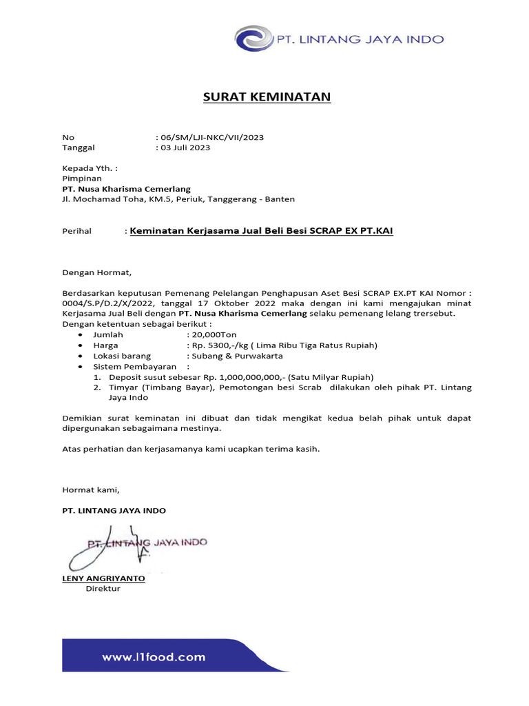 Surat Minat Besi Scrab Pt. Lji-Nkc | PDF