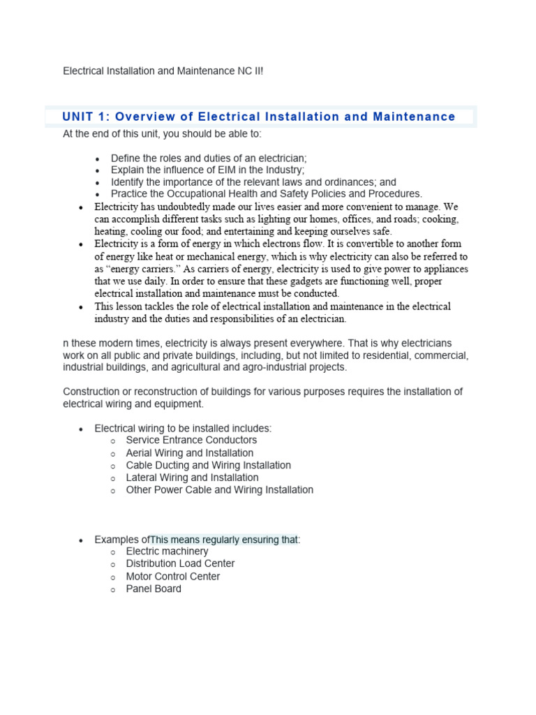 Electrical Installation and Maintenance NC II | PDF