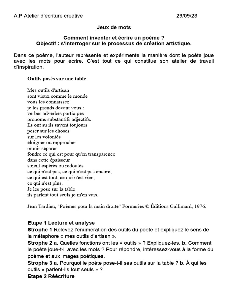 Réécrire le poème de Jean Tardieu Outils posés sur une table 2 | PDF