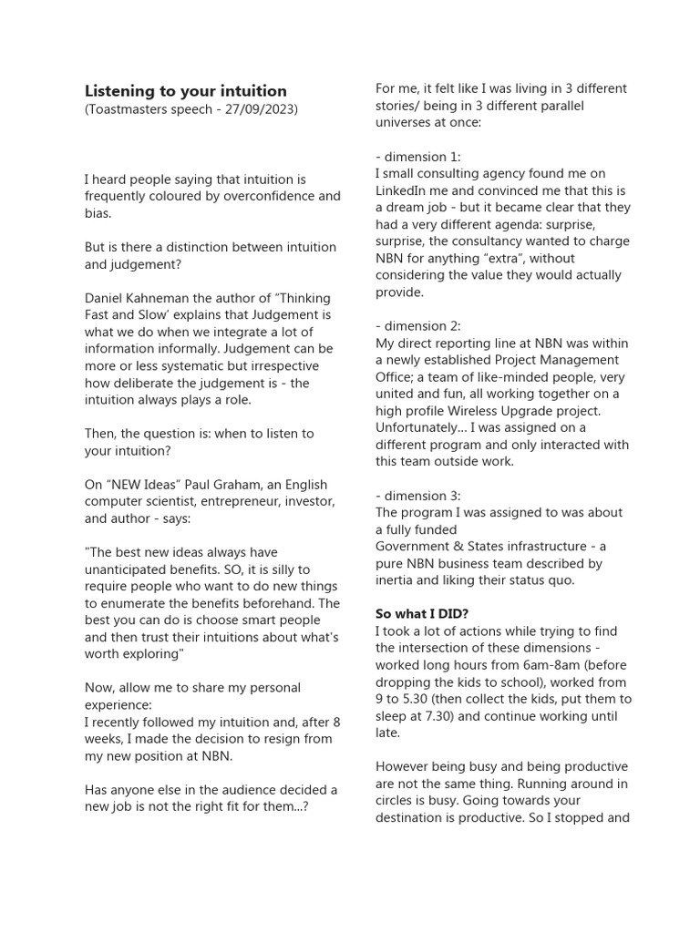 Listening to your intuition _ Toastmaster Speech | PDF | Intuition ...