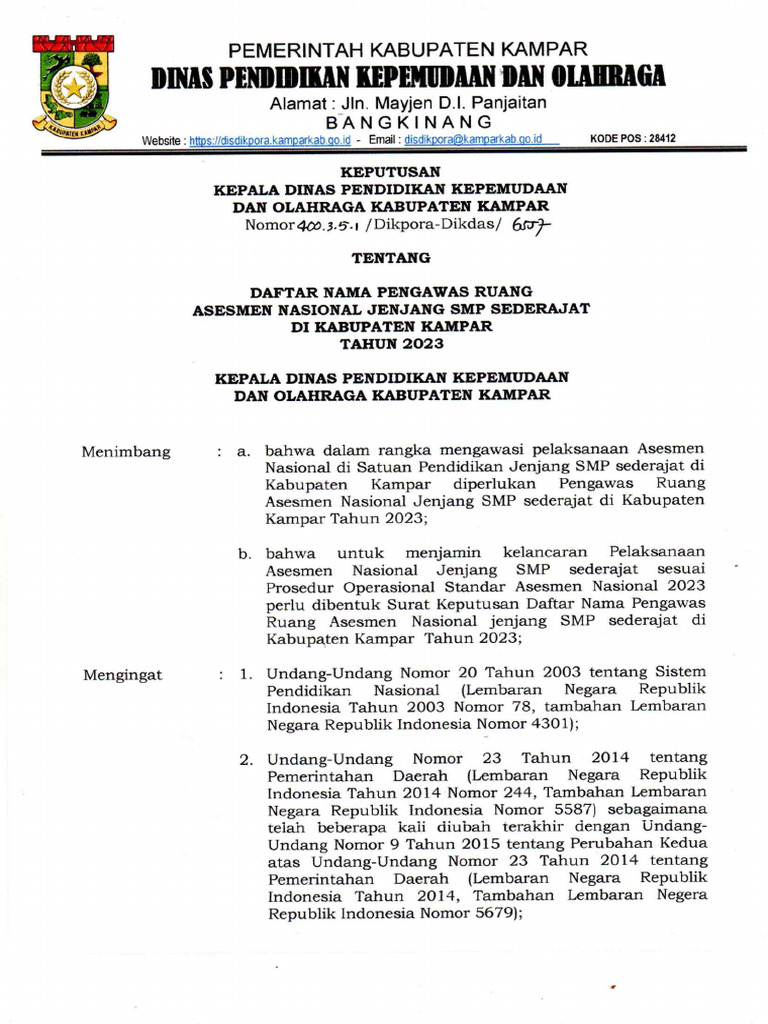 SK Pengawas Anbk SMP 2023 | PDF