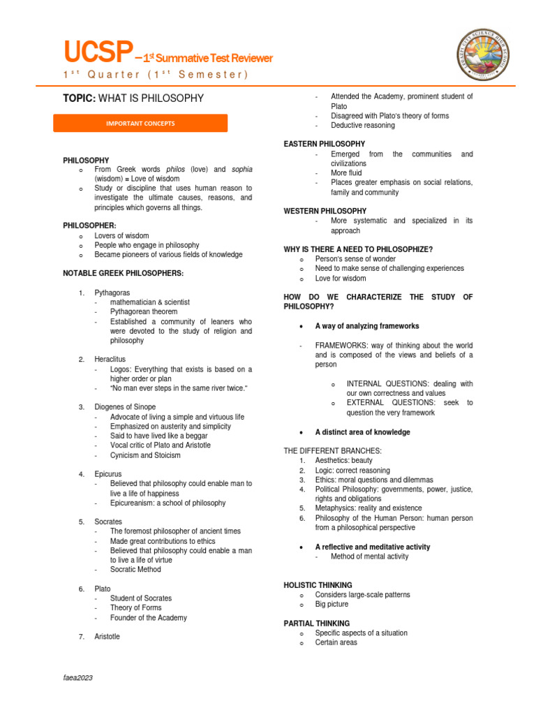 Philo St1 q1 Reviewer | PDF | Thought | Plato
