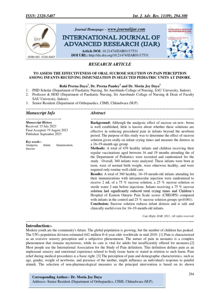 To Assess The Effectiveness of Oral Sucrose Solution On Pain Perception ...
